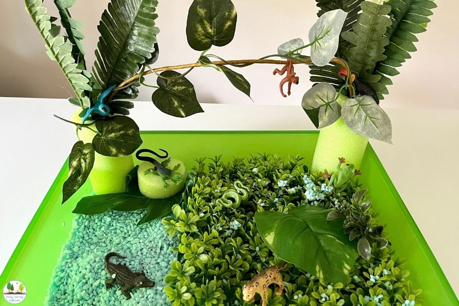 Rainforest Habitat Sensory Bin for Preschool Jungle Play
