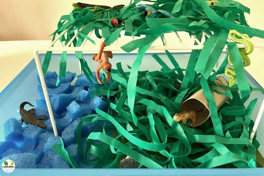 Rainforest Habitat Sensory Bin for Preschool Jungle Play