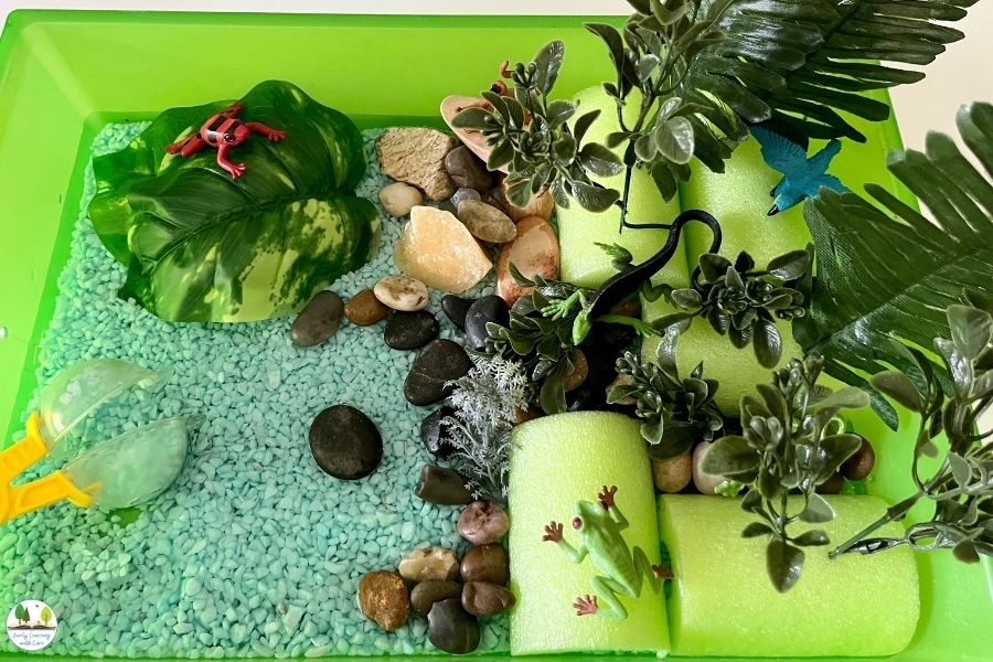 Rainforest Habitat Sensory Bin for Preschool Jungle Play